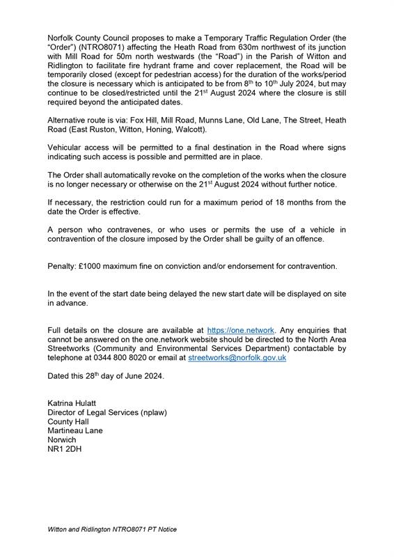 Temporary Traffic Regulation Order, Witton Bridge, Ridlington : Local ...