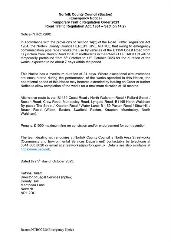 Temporary Traffic Regulation Order, Witton Bridge, Ridlington : Local ...