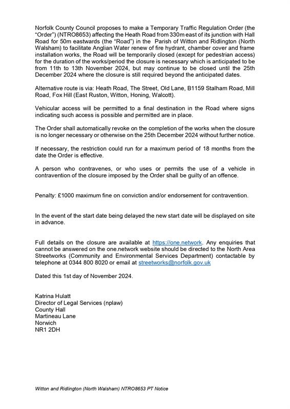 Temporary Traffic Regulation Order, Witton Bridge, Ridlington : Local ...