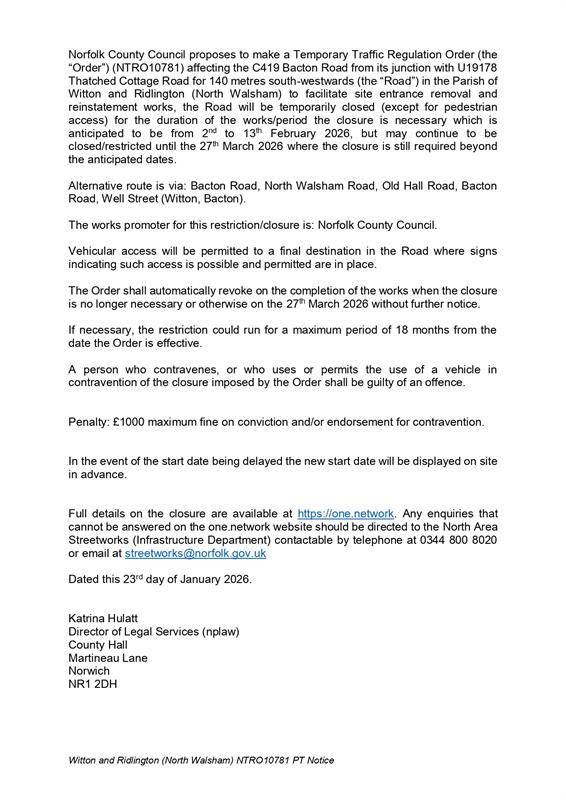 Temporary Traffic Regulation Order, Witton Bridge, Ridlington : Local ...