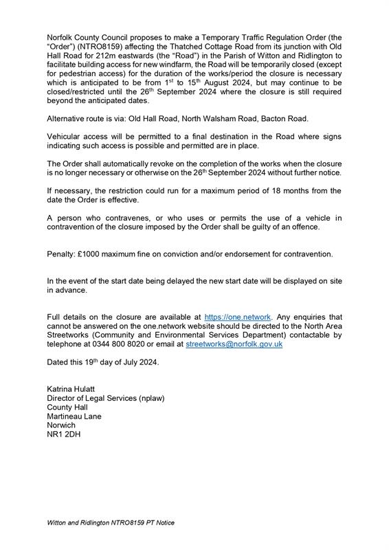 Temporary Traffic Regulation Order, Witton Bridge, Ridlington : Local ...