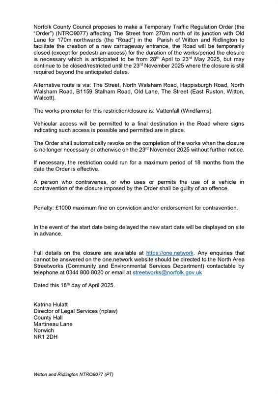 Temporary Traffic Regulation Order, Witton Bridge, Ridlington : Local ...