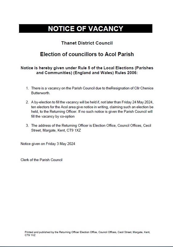 Notice of Acol Parish Council Vacancy, Acol, Birchington : Local News ...