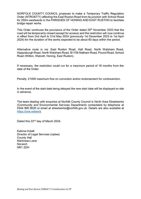 Temporary Traffic Regulation Order, Witton Bridge, Ridlington : Local ...
