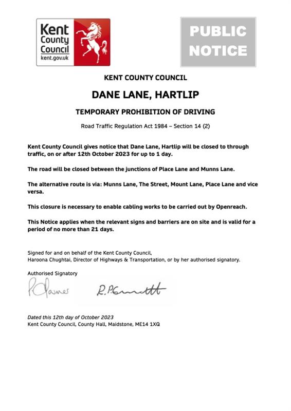 DANE LANE, HARTLIP TEMPORARY PROHIBITION OF DRIVING, Hartlip ...