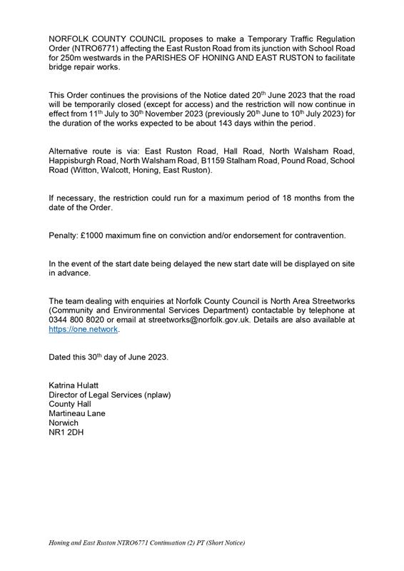 Temporary Traffic Regulation Order, Witton Bridge, Ridlington : Local ...