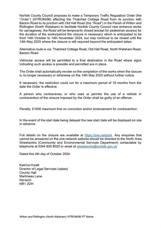 Temporary Traffic Regulation Order, Witton Bridge, Ridlington : Local ...