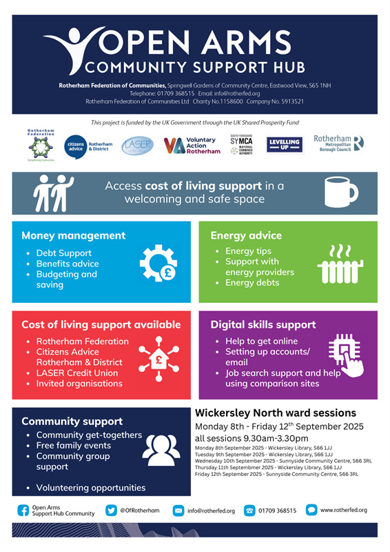 Open Arms Community Support Hub Flyer, Rotherham : Local News - HugoFox